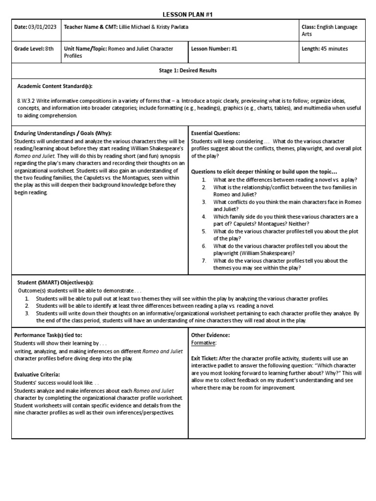 Lesson Plan 1 | PDF | Characters In Romeo And Juliet | Cognition