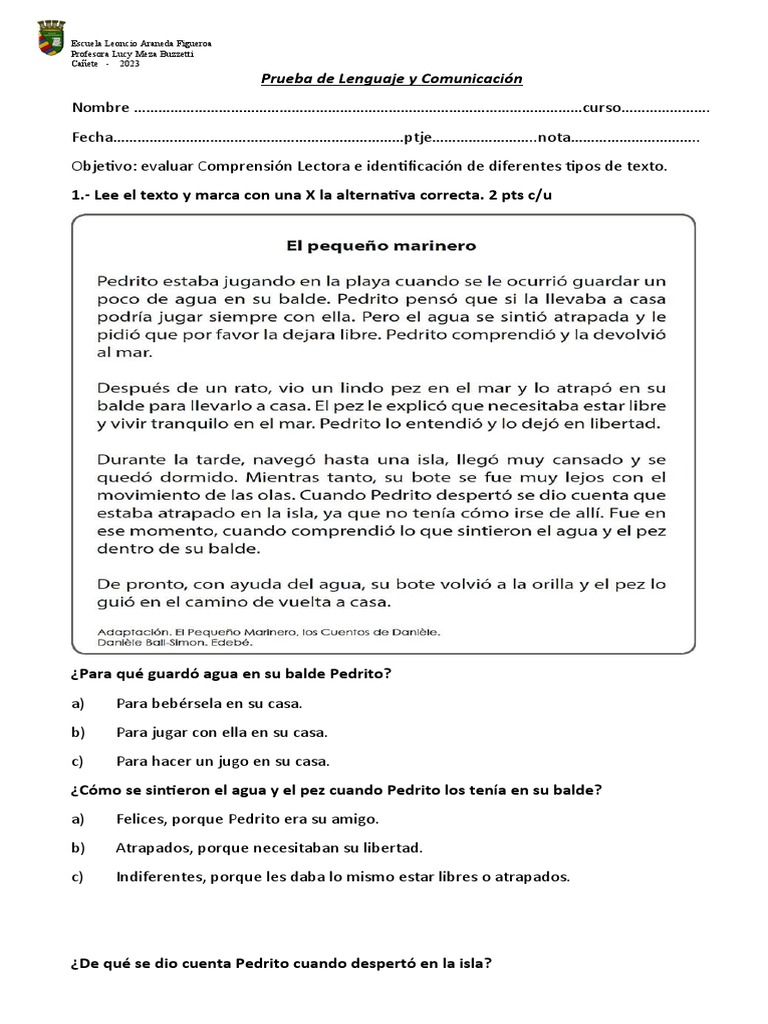 Prueba de Lenguaje y Comunicación | PDF