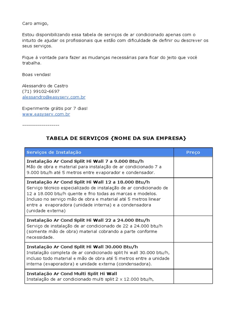Tabela Servicos Ar Cond Easyserv 31 10 2019 | PDF | Ar condicionado | Termodinâmica