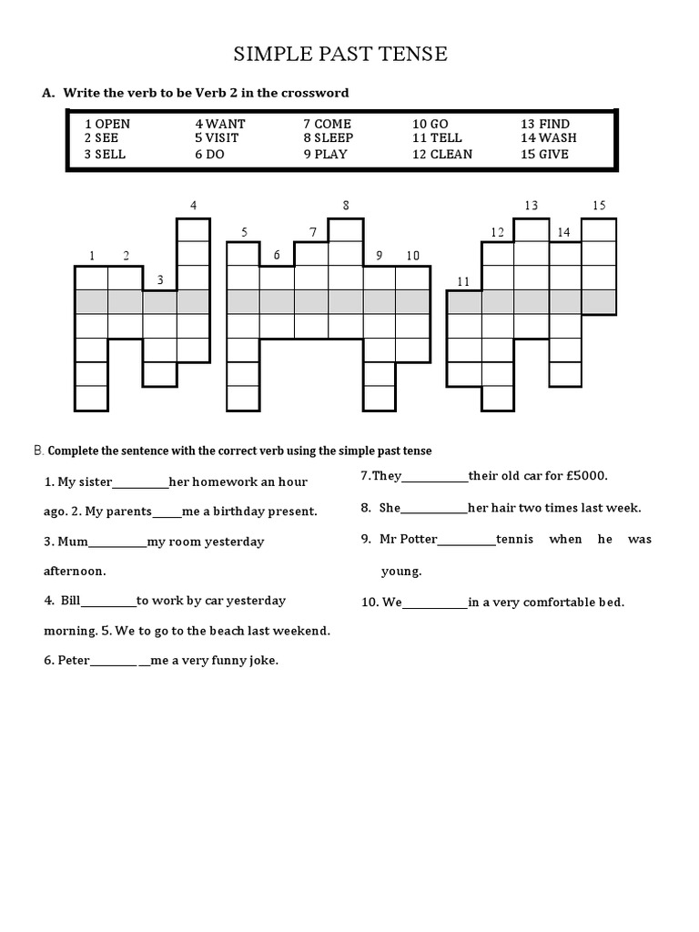 Simple Past Tense A Write The Verb To Be Verb 2 In The Crossword PDF