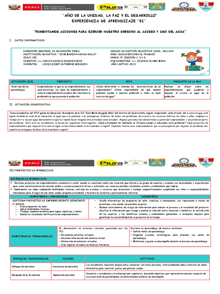 Experiencia de Aprendizaje 1 Ept. | PDF | Iniciativa empresarial | Aprendizaje