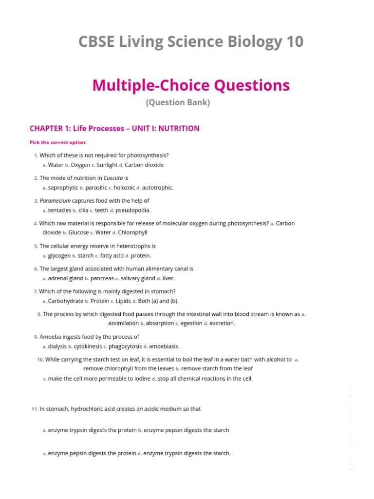 Multiple-Choice Questions: CBSE Living Science Biology 10 | PDF ...