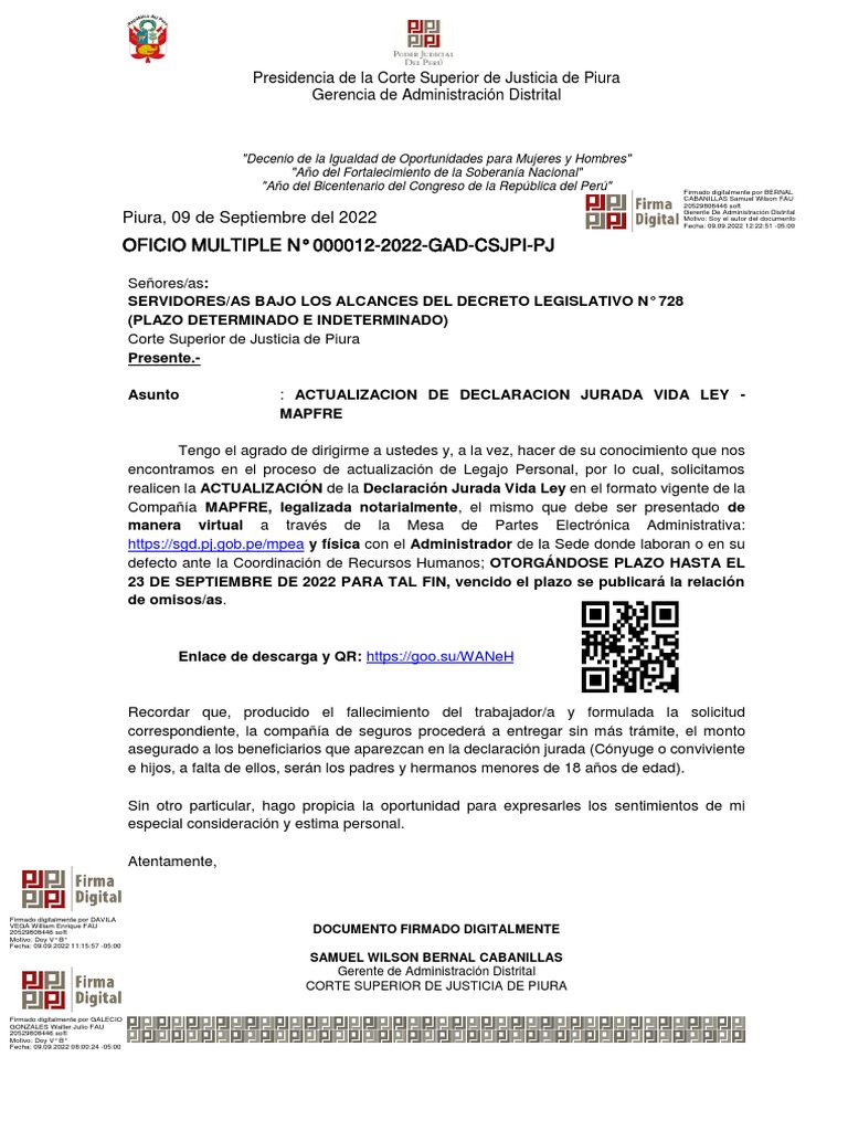 Oficio Multiple-000012-2022-Gad-Csjpi - Declaracion Jurada Vida Ley | PDF | Justicia | Crimen y ...