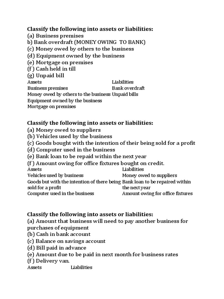 Classify The Following Into Assets or Liabilities | PDF
