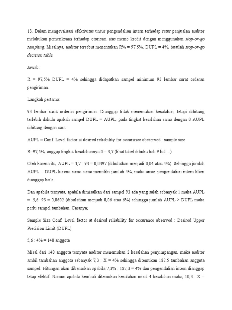 Sampling. Misalnya, Auditor Tersebut Menentukan R% 97.5%, DUPL 4%, Buatlah Stop-Or-Go Decision ...