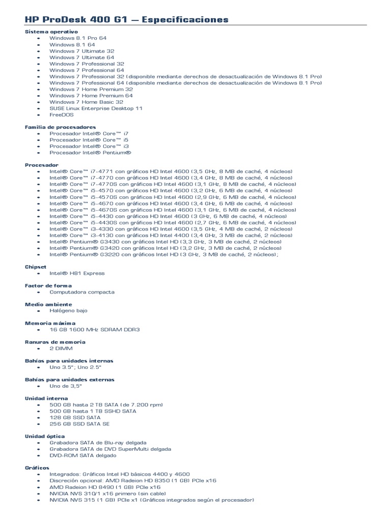 HP ProDesk 400 G1 - Especificaciones | PDF | Microprocesador | USB