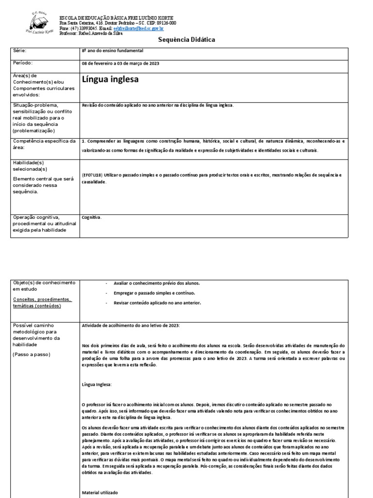 1 - Sequência Didática - Inglês - 8ano - 080223 - 030323 | PDF | Conhecimento | Irã