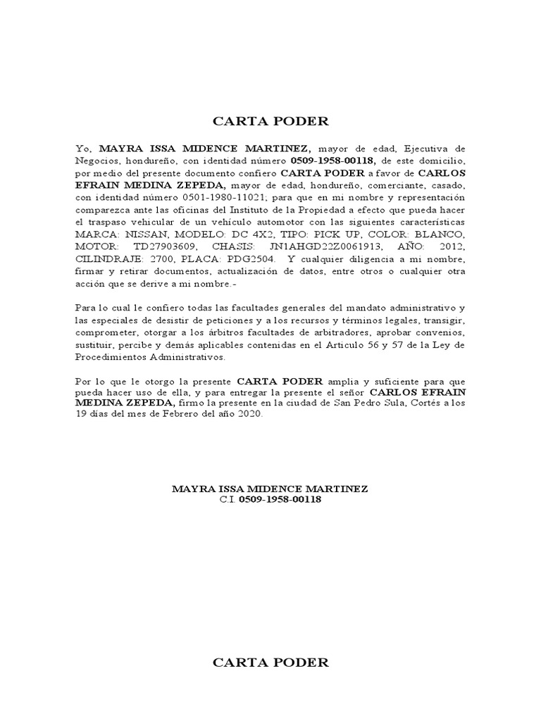 Poder para Traspaso de Vehículo | PDF | Honduras | Industria automotriz