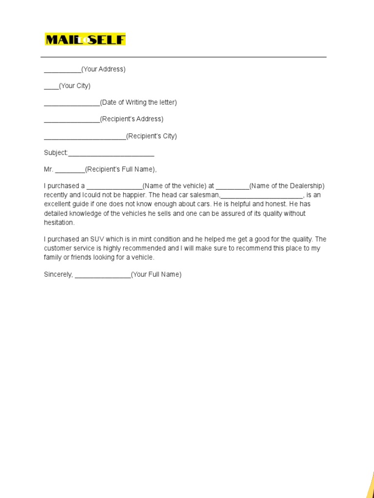 A Letter Recommending a Car Dealership and Salesperson for Their ...