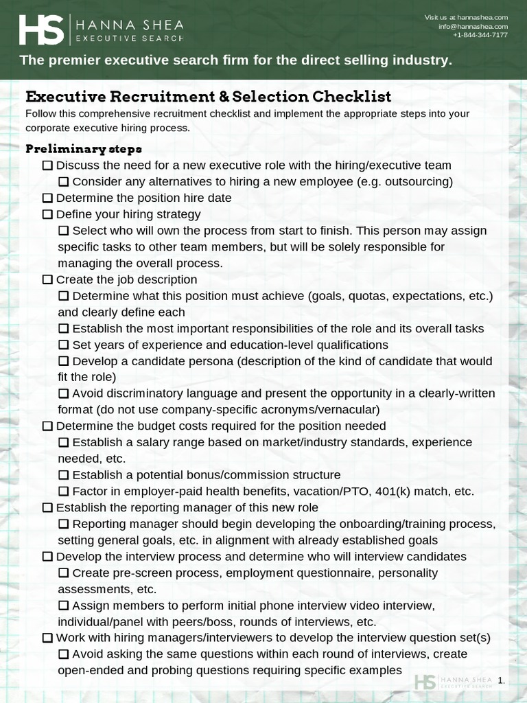 Recruitment - Hanna-Shea-Executive-Recruitment-Checklist | PDF | Recruitment | Employment