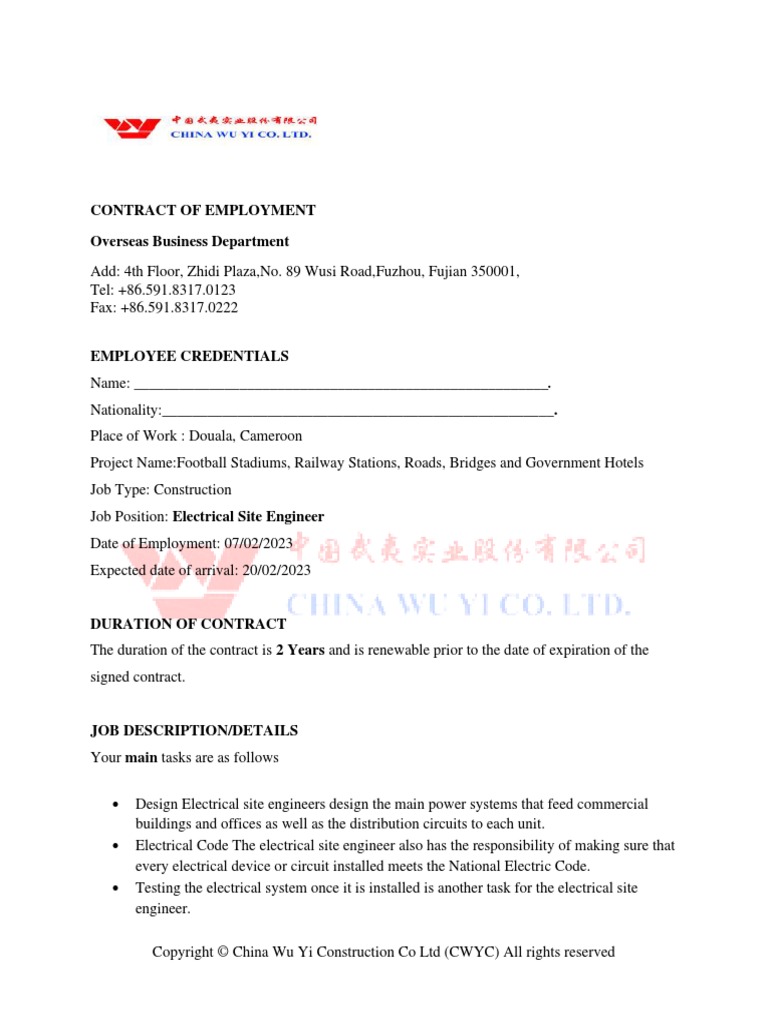 Electrical Site Engineer CONTRACT OF EMPLOYMENT | PDF | Employment ...