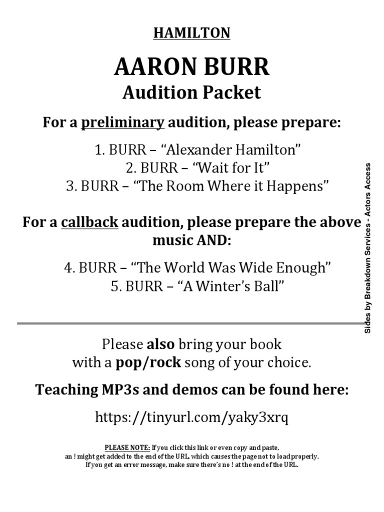 Aaron Burr: Audition Packet | PDF | Hamilton (Musical) | Works