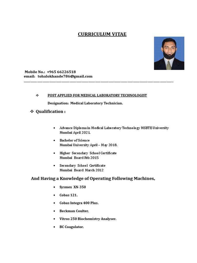 Toha Ayyub Medical Lab Technician | PDF | Medical Laboratory | Health Care