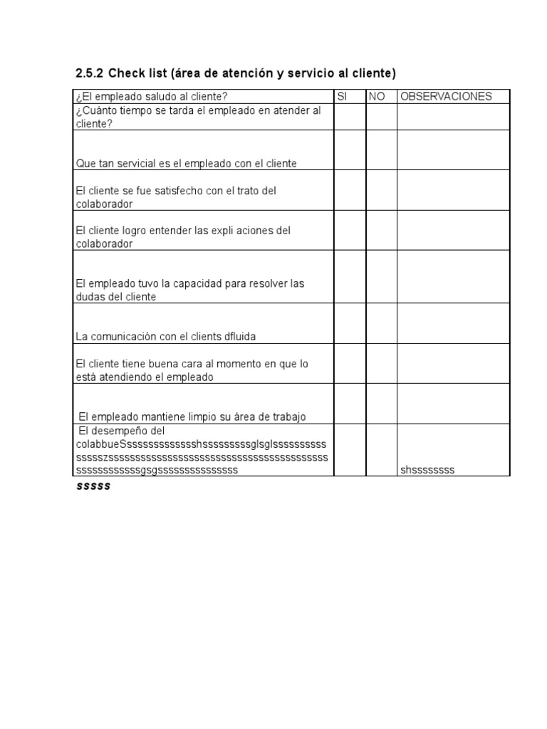 2.5.2 Check List (Área de Atención y Servicio Al Cliente) : Sssss | PDF