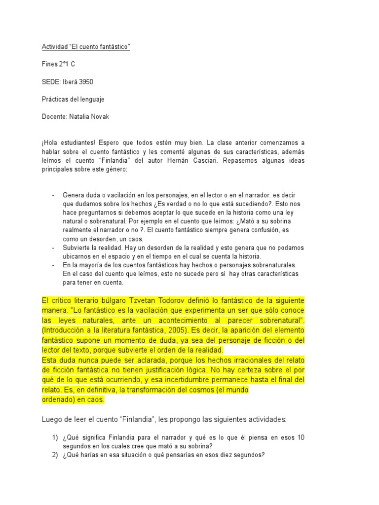 Actividad "El Cuento Fantástico" PDF | PDF | Fantasía | Literatura de ...