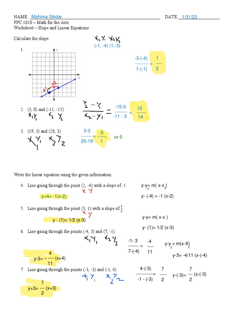 Worksheet - Slope and Linear Equations Done | PDF | Mathematics ...