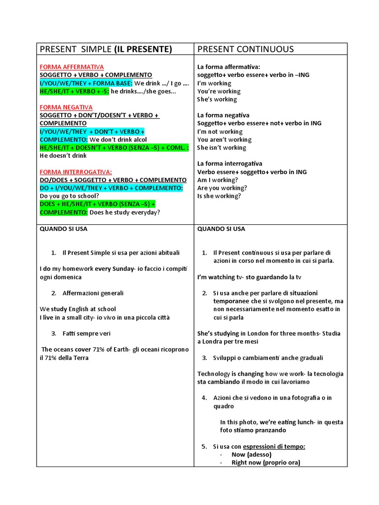 PRESENT SIMPLE e PRESENT CONTINUOUS | PDF