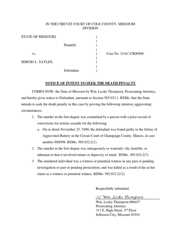 Death Penalty Notice: Sayles Case | PDF | Murder | Wisconsin Circuit Courts