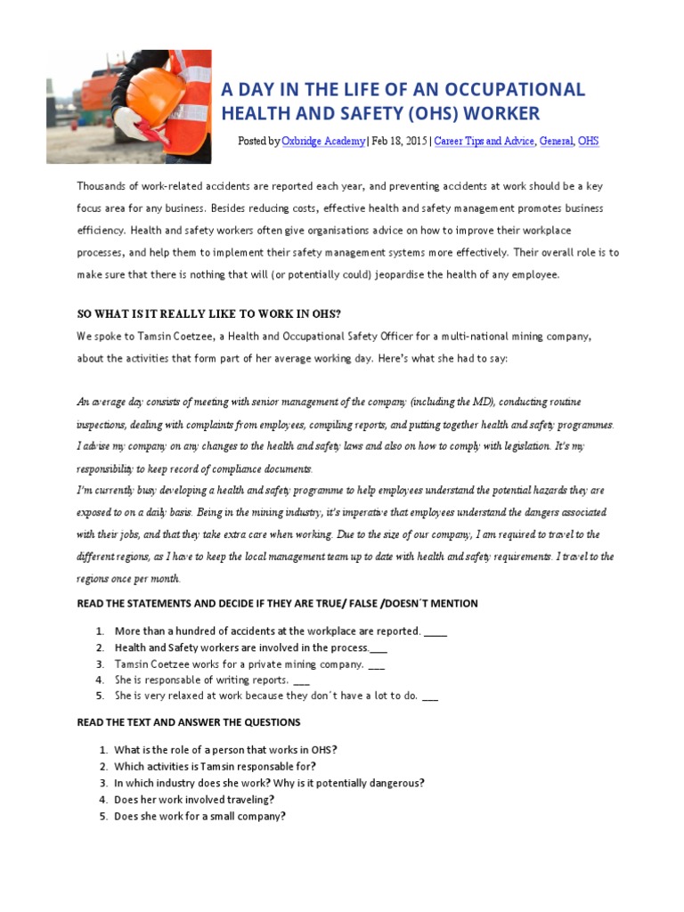 A Day in The Life of An OHS | PDF | Occupational Safety And Health | Safety