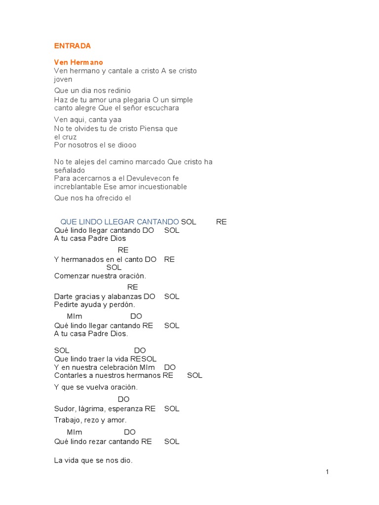 Entrada Ven Hermano: Que Lindo Llegar Cantando | PDF