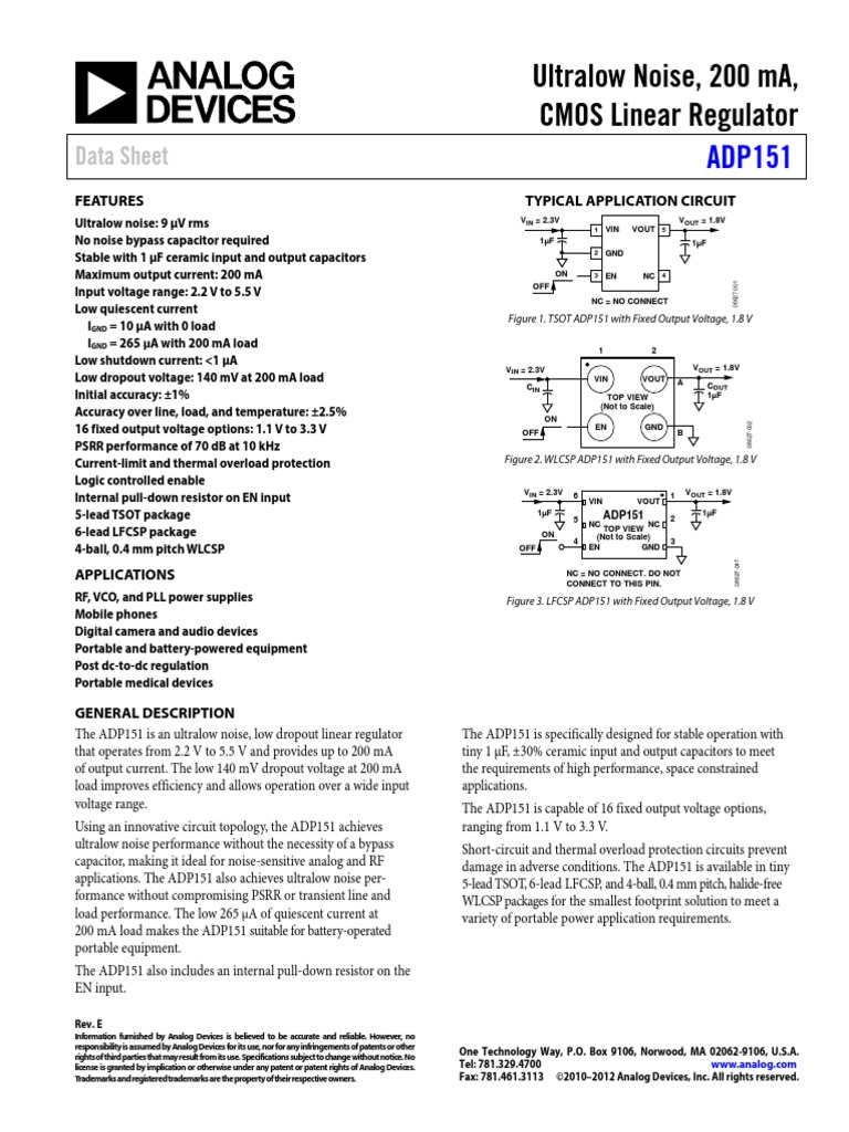 Ultralow Noise, 200 Ma, CMOS Linear Regulator: Data Sheet | PDF