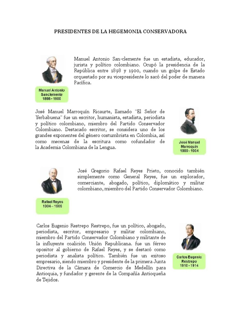 Presidentes de La Hegemonia Conservadora | PDF | Colombia | Gobierno