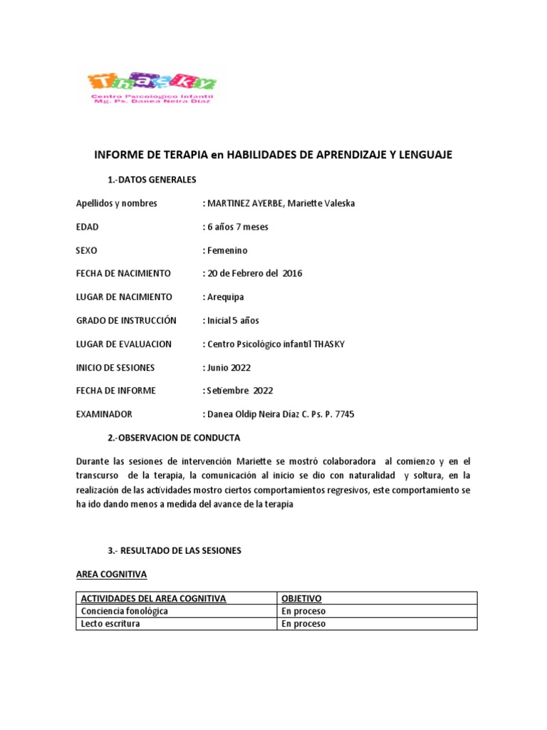 Informe de Terapia en Habilidades de Aprendizaje Y Lenguaje: 1.-Datos Generales | PDF