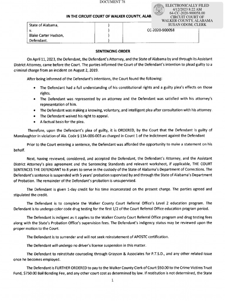 Blake Hudson Sentencing Order | PDF