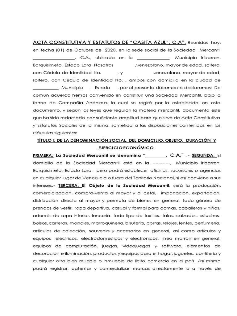 Ejemplo de Acta Constitutiva | PDF | Compartir (Finanzas) | Sociedad de responsabilidad limitada