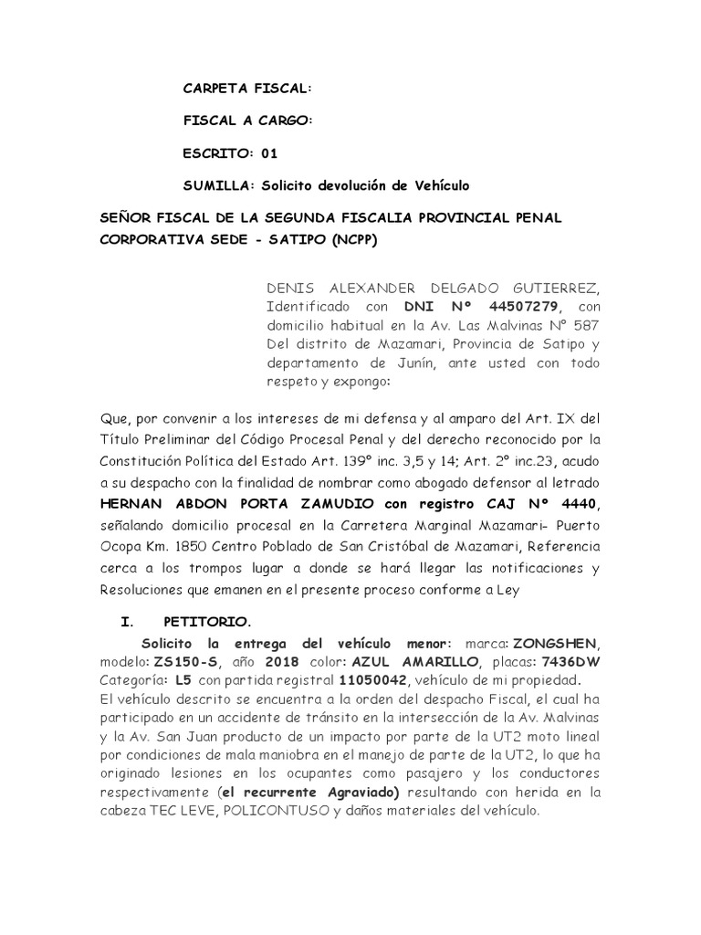 Solicito Devolucion de Vehiculo Menor | PDF | Derecho