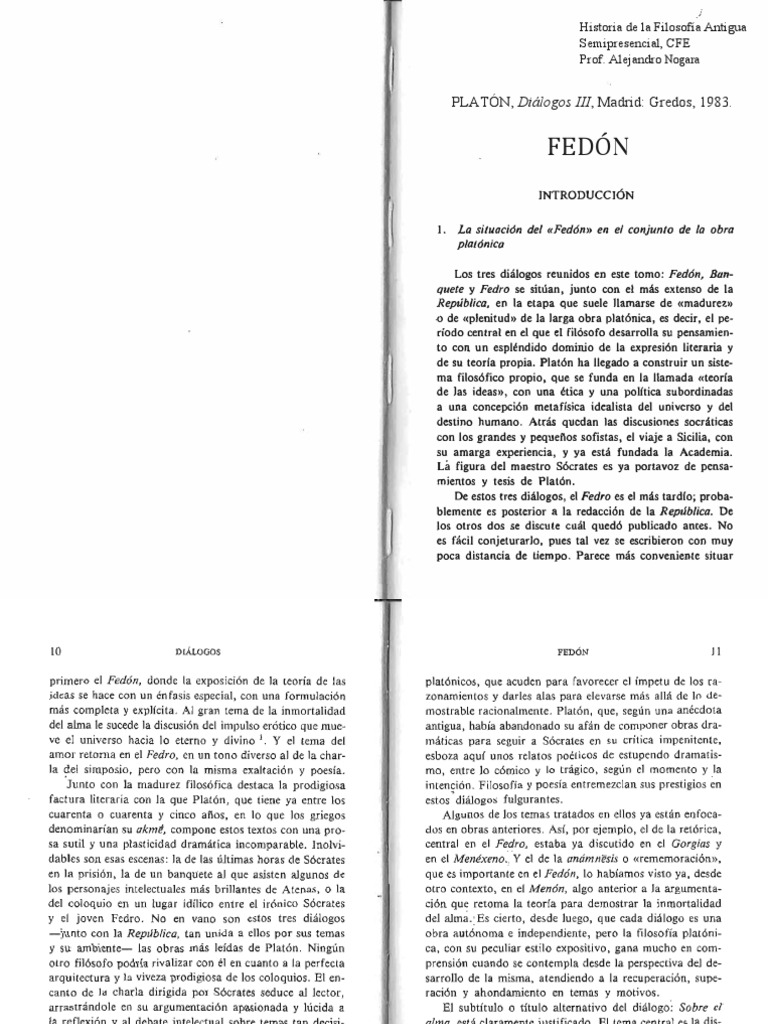 Fedón: PLATÓN, Diálogos III, Madrid: Gredos, 1983 | PDF | Platón | Sócrates