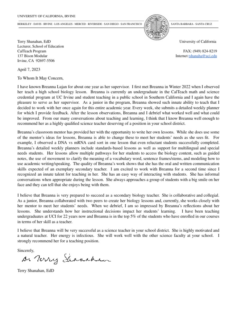 Breanna Lujan Edjoin Letter of Rec | PDF | Teachers | Mentorship