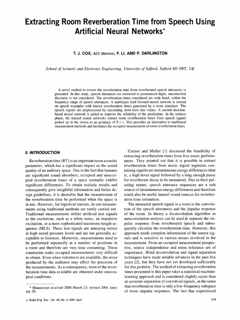 Extracting Room Reverberation Time From Speech Using Artificial Neural Networks | Download Free ...