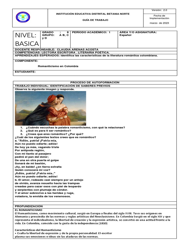 Guía de Español: Romanticismo 8° Grado | PDF | Romanticismo