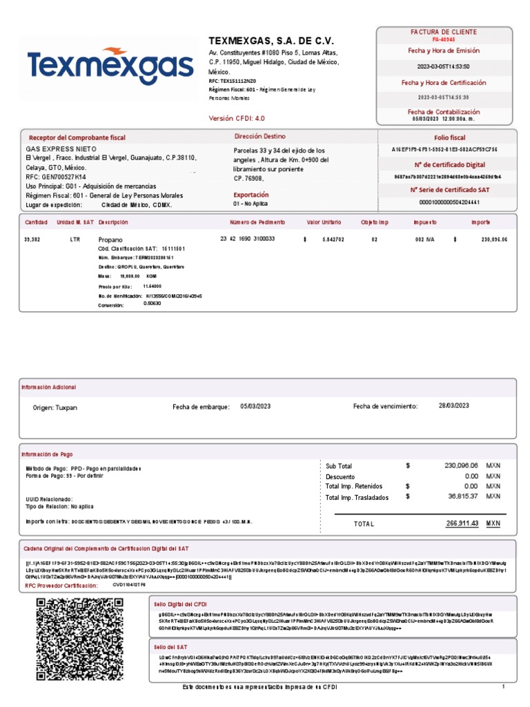 Texmexgas, S.A. de C.V.: Folio Fiscal Receptor Del Comprobante Fiscal | PDF