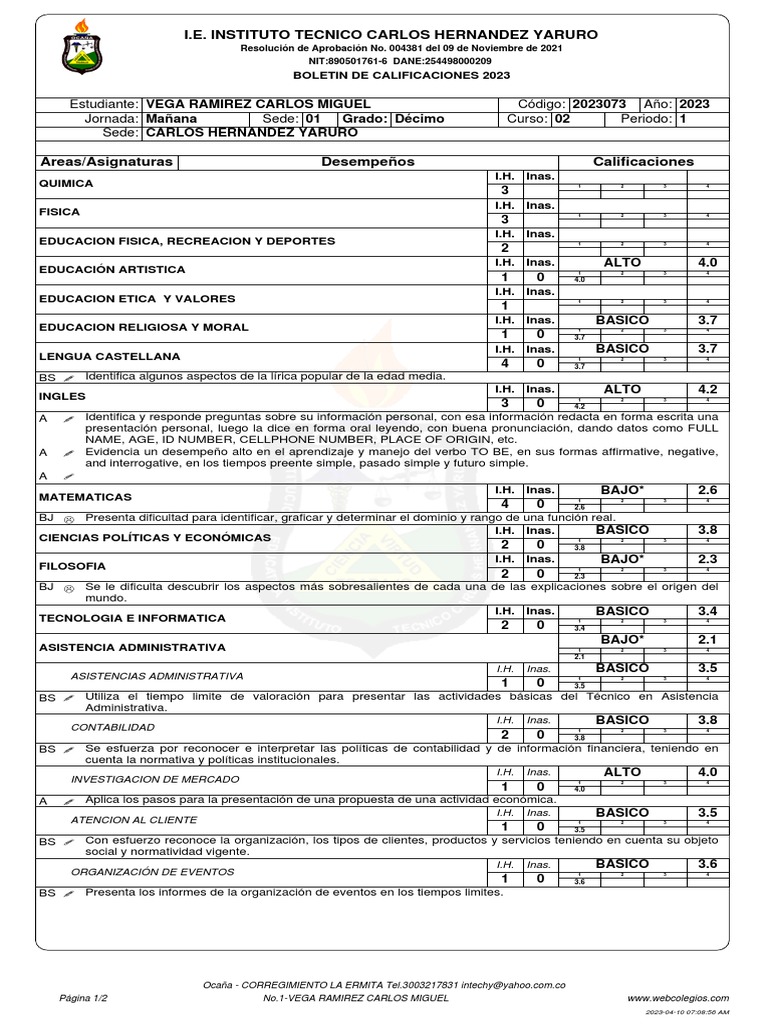 I.E. Instituto Tecnico Carlos Hernandez Yaruro | PDF