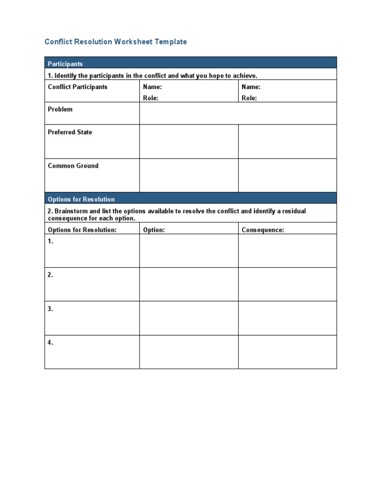 Sample Conflict Resolution Worksheet Template | PDF