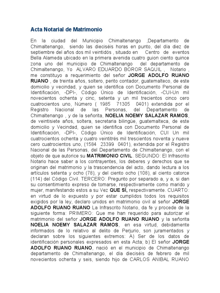 Acta Notarial de Matrimonio EJEMPLO | PDF | Instituciones sociales ...