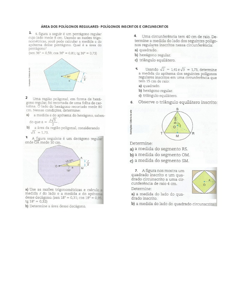 10-06-2022 - Exercícios Sobre Polígonos Regulares - Polígono Inscrito e Polígono Circunscrito | PDF