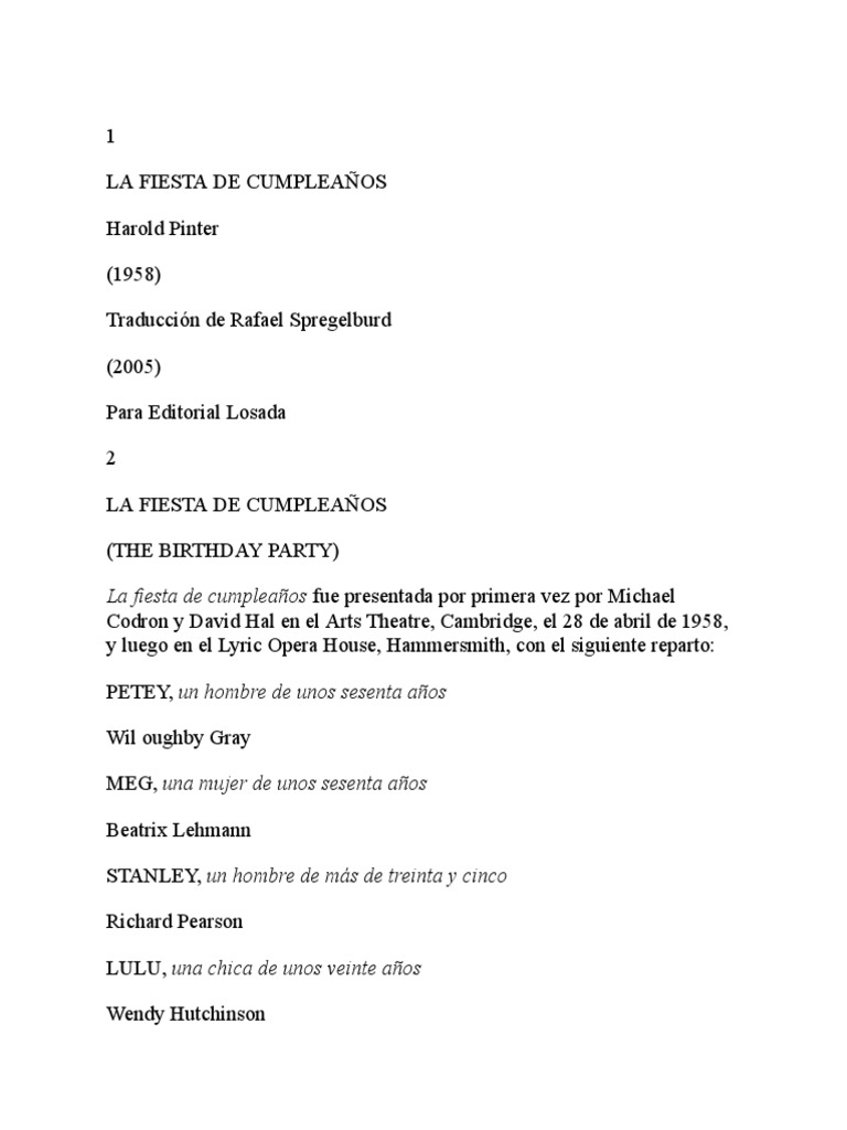 La Fiesta de Cumpleaños - Pinter | PDF | Grillo