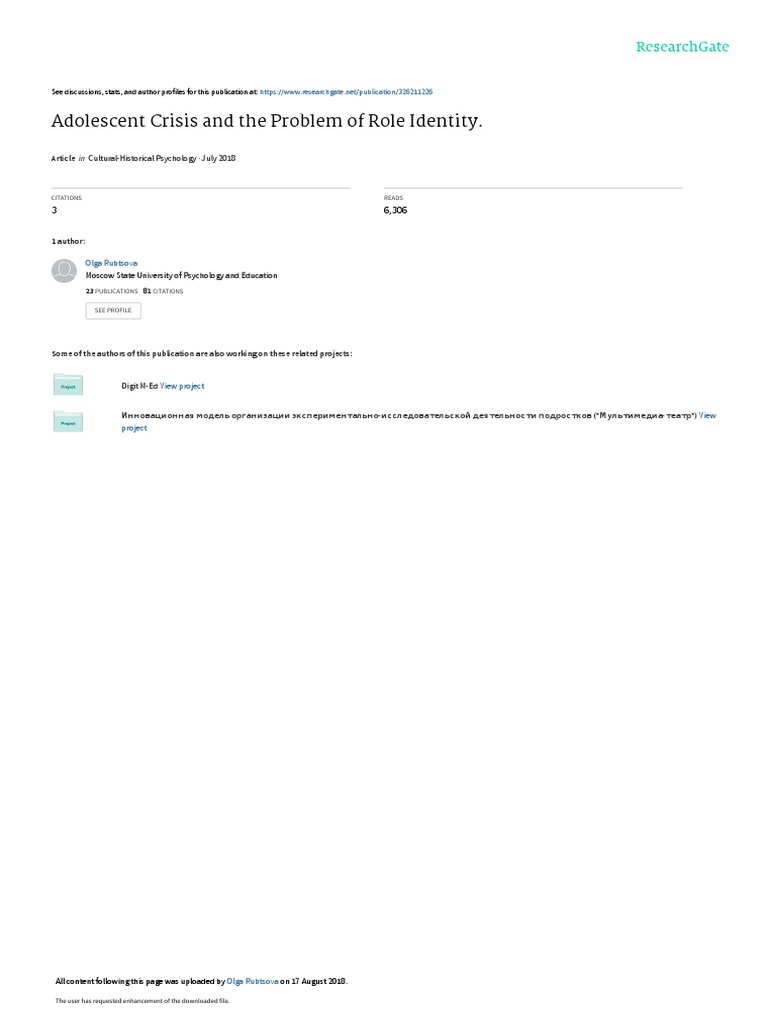 Adolescent Crisis and The Problem of Role Identity.: Cultural ...