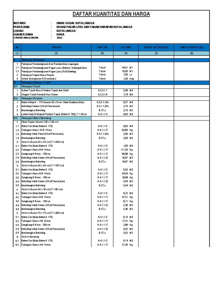 Daftar Kuantitas Dan Harga | PDF