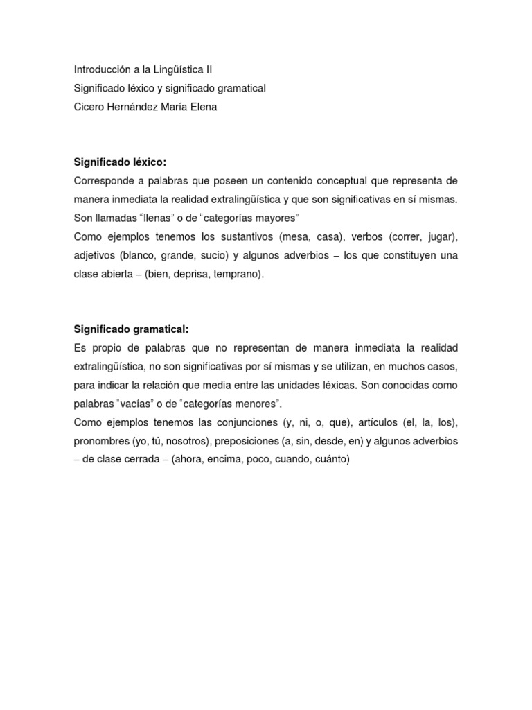 Significado Léxico y Significado Gramatical | PDF