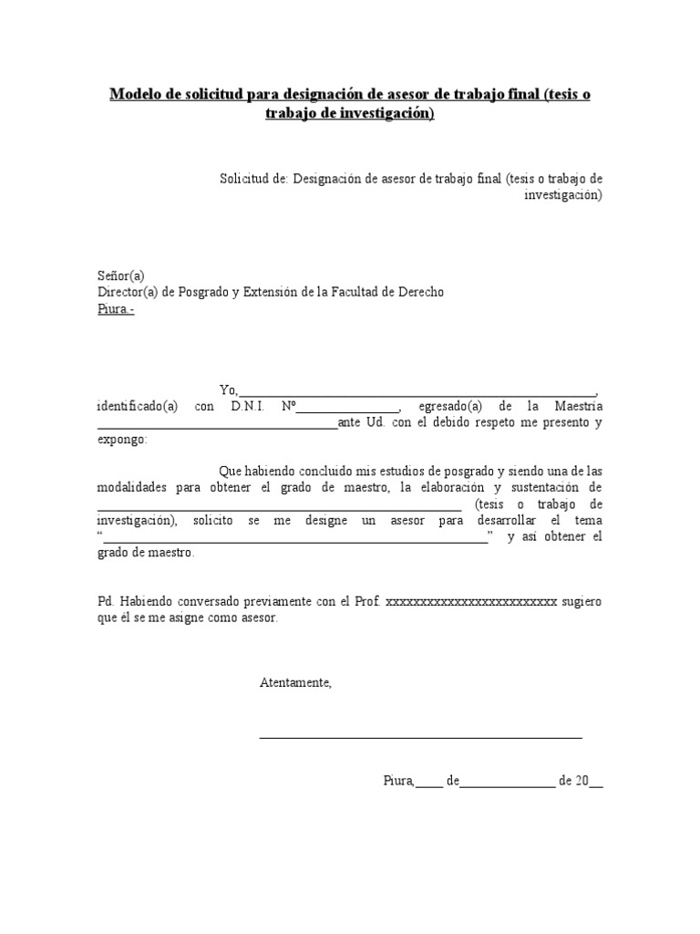 ANEXO 3 Modelo de Solicitud para Designacion de Asesor de Trabajo Final 1 | PDF
