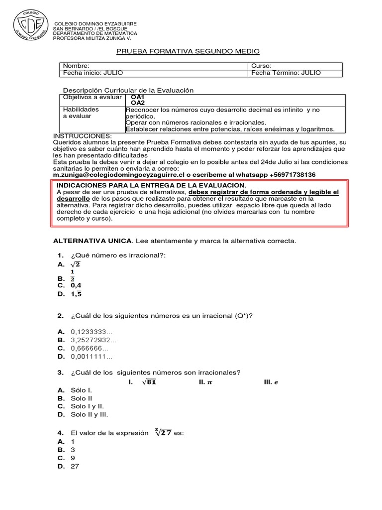 Prueba Formativa Matemática 2° Medio | PDF | Matemáticas
