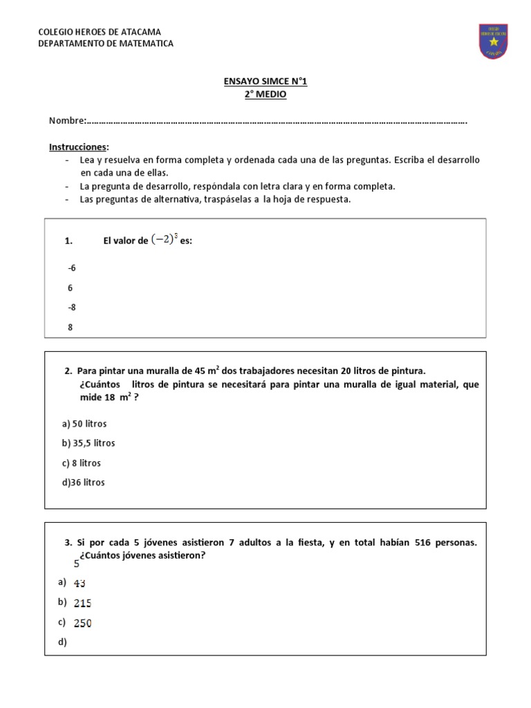 Ensayo SIMCE de Matemática para 2° Medio | PDF | Matemática Elemental | Matemáticas