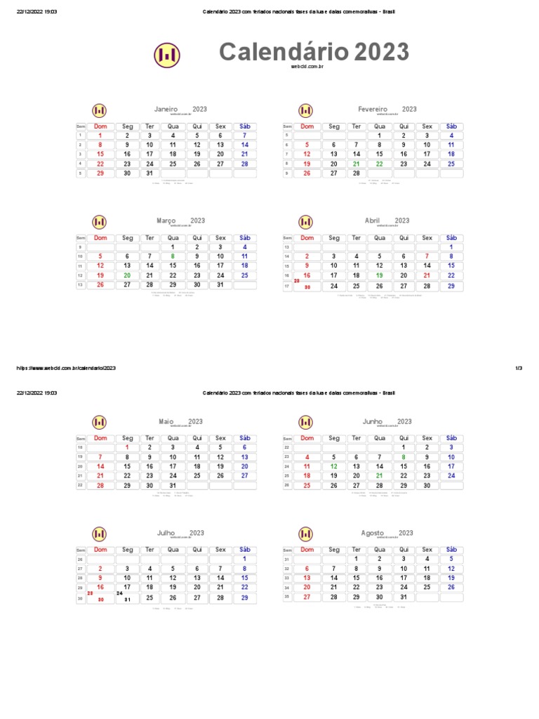 Calendário 2023 com feriados nacionais fases da lua e datas ...