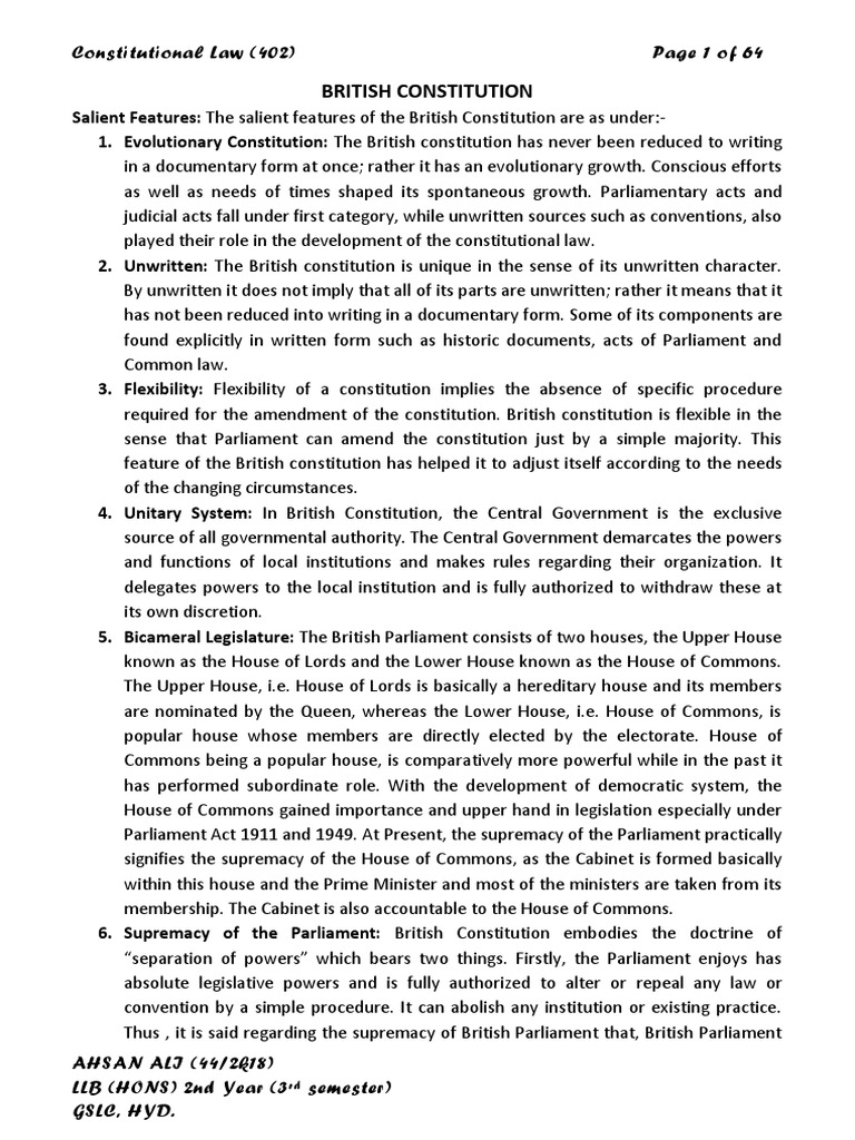 Key Features of the British Constitution | PDF | Constitution | Rule Of Law