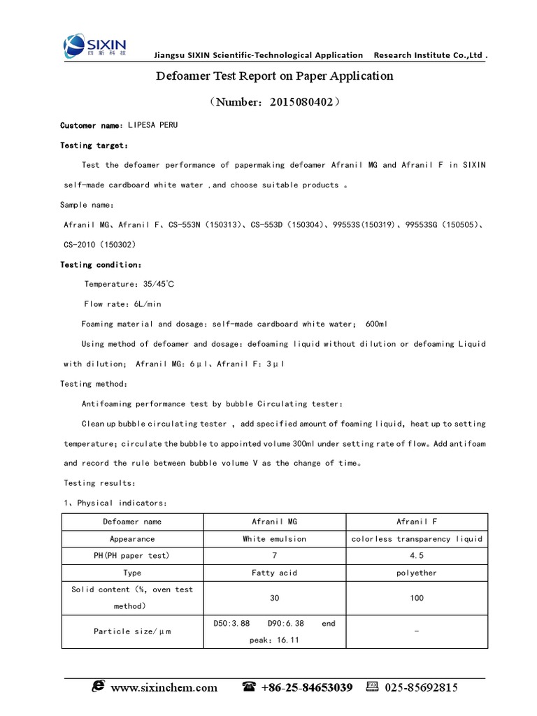 Defoamer Test Report %28paper making application%29 %283%29 | PDF ...