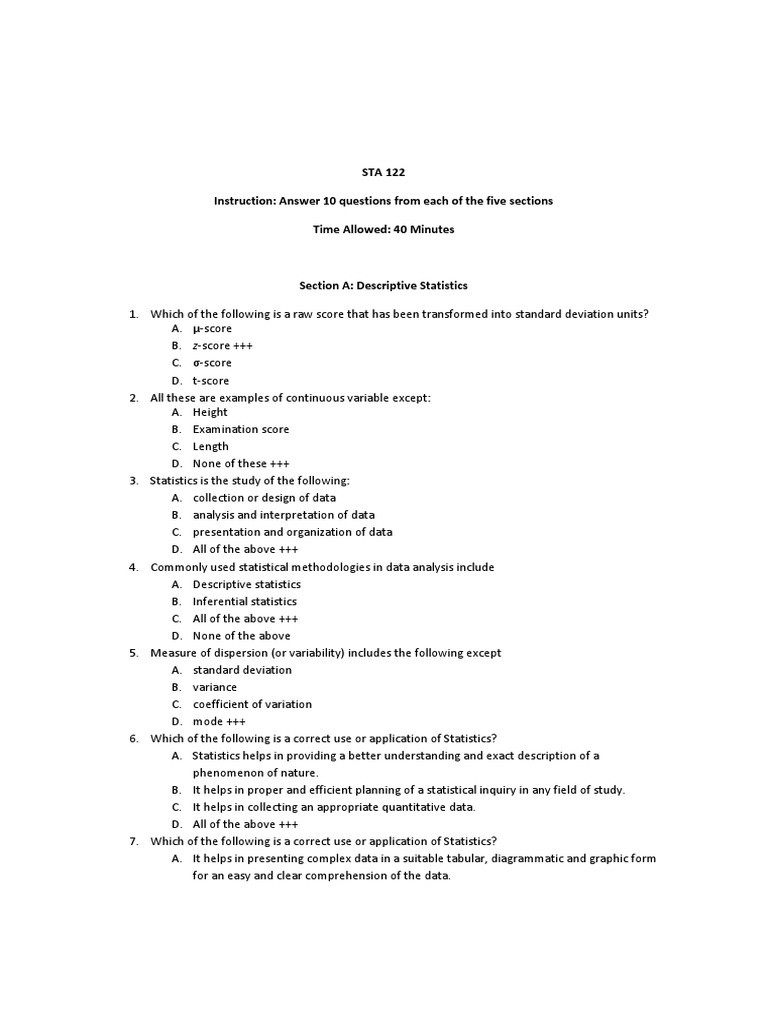 STA 122 Instruction: Answer 10 Questions From Each of The Five Sections ...